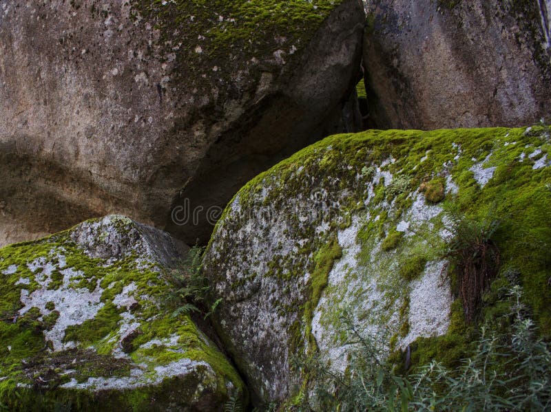 Stacked Rock Boulders with Moss Stock Image - Image of stacked, angled ...