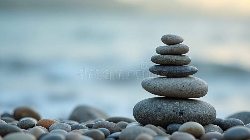 Stacked Rocks on Pebble Beach with Ocean Background Stock Illustration ...