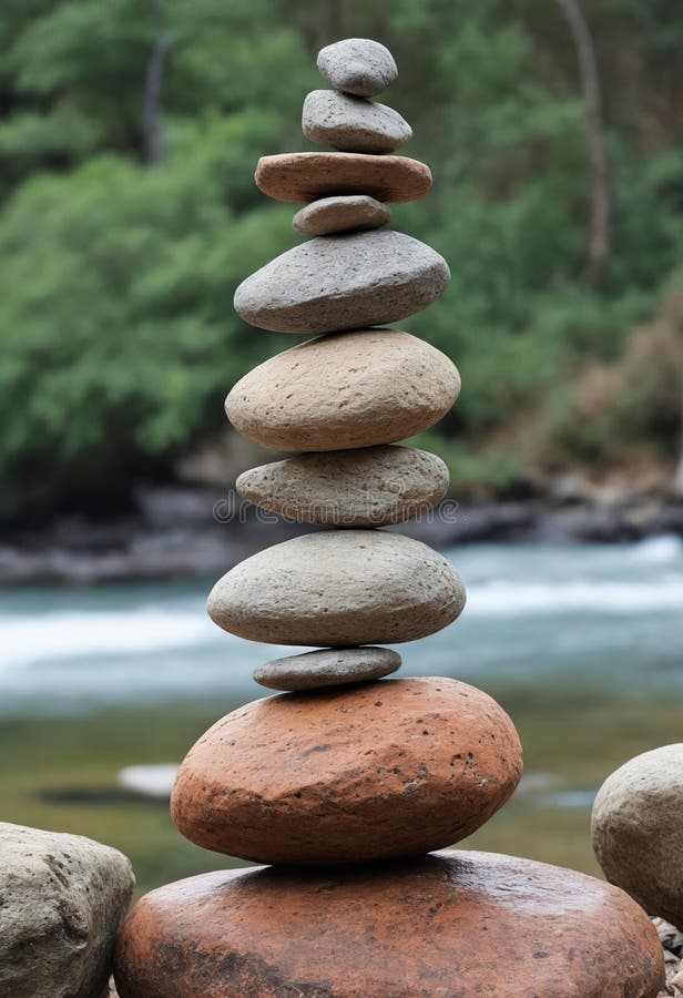 Stacked Rocks beside a River in a Natural Landscape Stock Image - Image ...