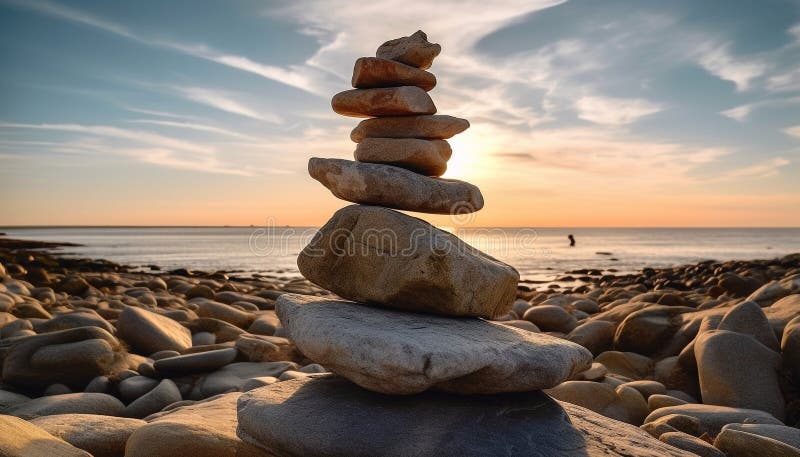 Stacked Rocks on the Tranquil Coastline Symbolize Harmony and Stability ...