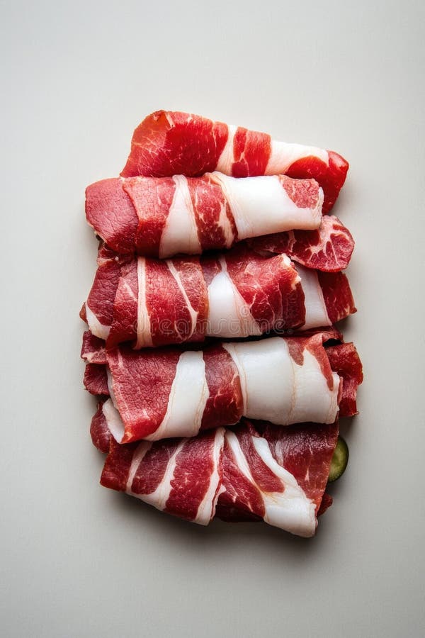Stacked Rolled Raw Bacon Strips on Plain Background Stock Image - Image ...