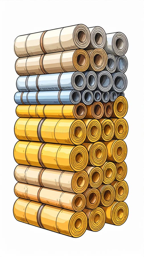 Stacked Rolls of Various Materials on White Background Stock ...