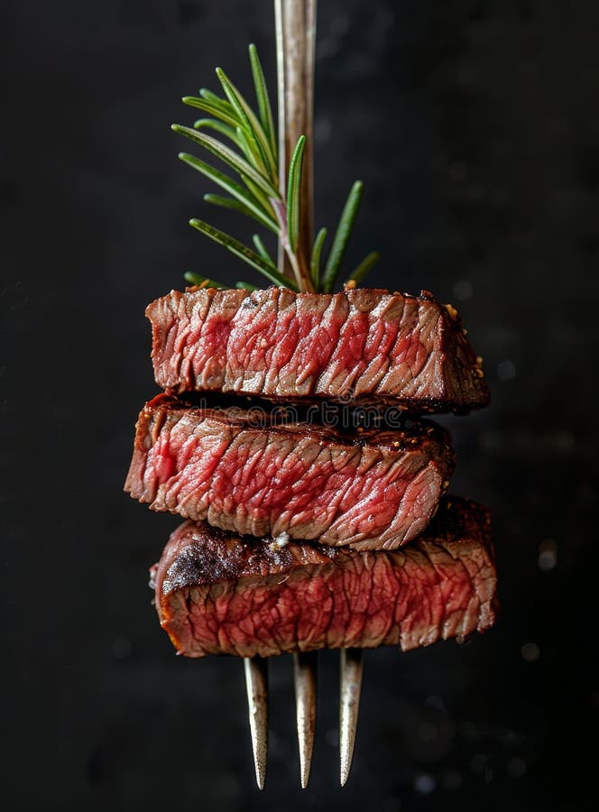 Stacked Rosemary-Garnished Grilled Steak on Fork Stock Image - Image of ...