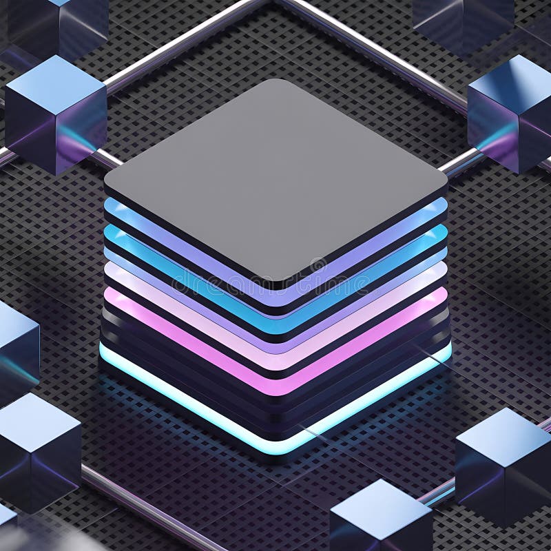 Stacked Rounded Squares with Neon Light Edges and Cubes Stock Illustration - Illustration of ...