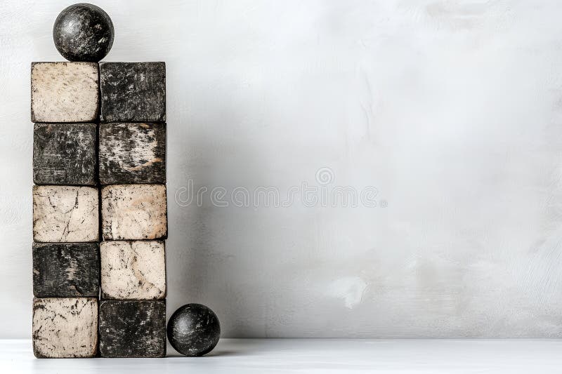 Stacked Rustic Wooden Blocks with Black Spheres Abstract Still Life ...