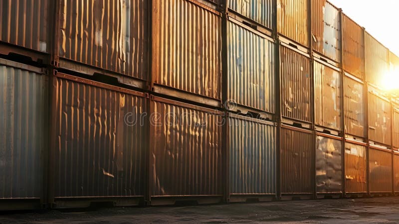 Stacked Rusty Cargo Containers Filling the Frame at Sunset Stock ...