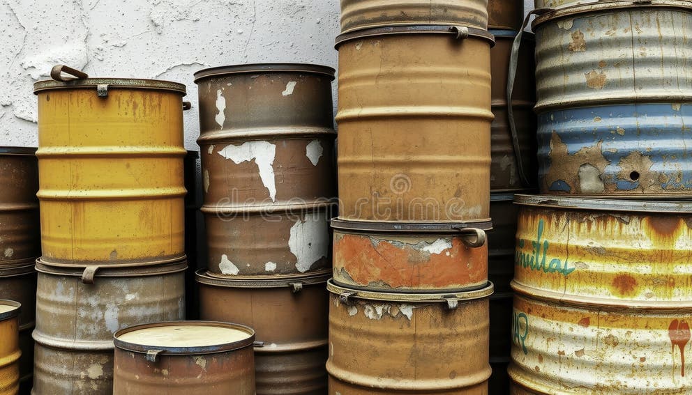 Stacked Rusty Metal Barrels, Peeling Paint, Weathered Texture, Stack ...