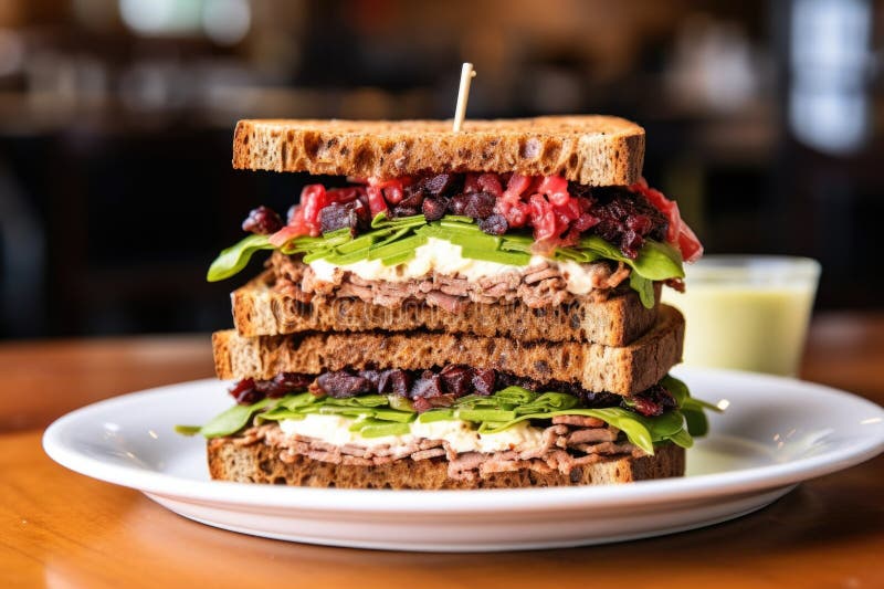 Stacked Sandwich with Fresh Vegetables, Ham, and Cheese Against Black ...