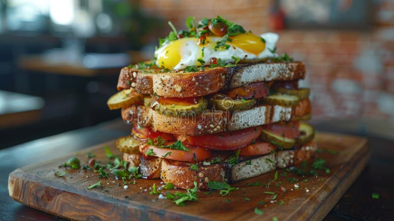 Stacked Sandwich with Fresh Vegetables, Ham, and Cheese Against Black ...