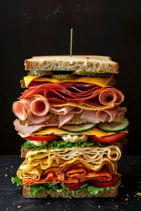 Stacked Sandwich with Fresh Vegetables, Ham, and Cheese Against Black ...