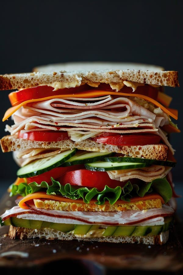 Stacked Sandwich with Fresh Vegetables, Ham, and Cheese Against Black ...