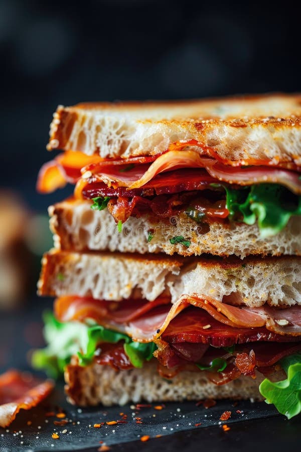 Stacked Sandwich with Fresh Vegetables, Ham, and Cheese Against Black ...
