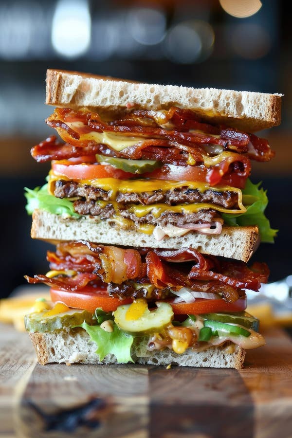 Stacked Sandwich with Fresh Vegetables, Ham, and Cheese Against Black ...