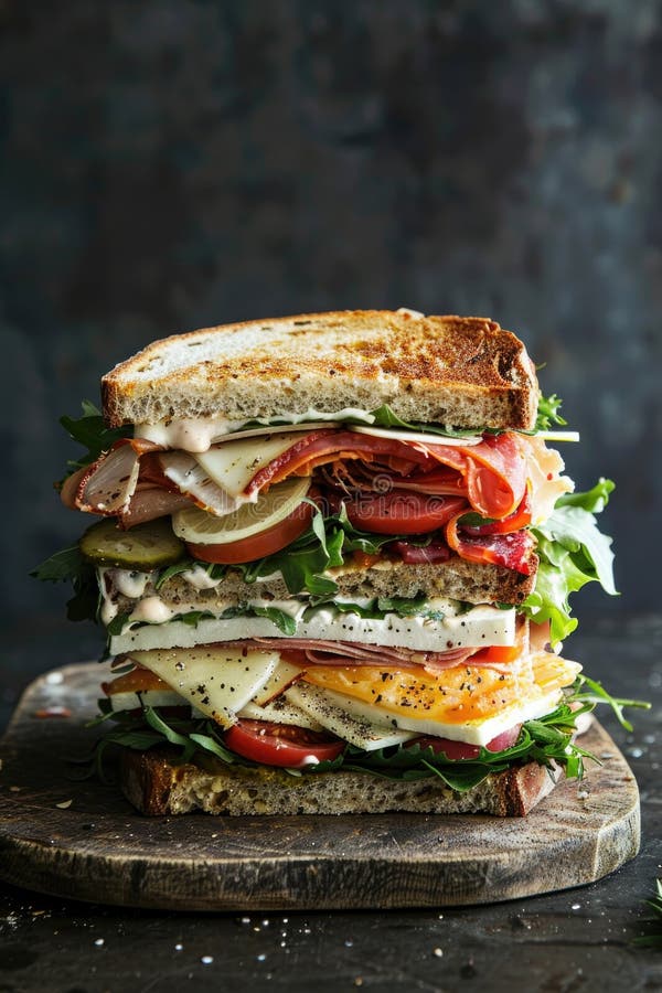 Stacked Sandwich with Fresh Vegetables, Ham, and Cheese Against Black ...