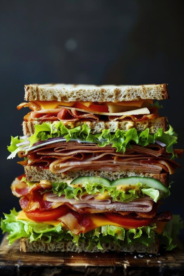 Stacked Sandwich with Fresh Vegetables, Ham, and Cheese Against Black ...
