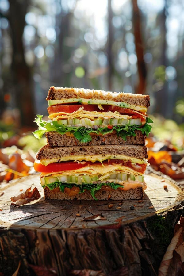 Stacked Sandwich with Fresh Vegetables, Ham, and Cheese Against Black ...