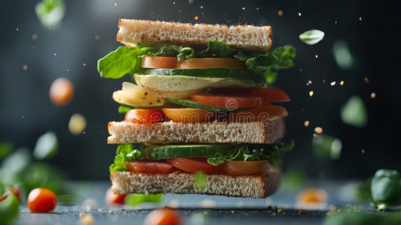 Stacked Sandwich with Fresh Vegetables, Ham, and Cheese Against Black ...