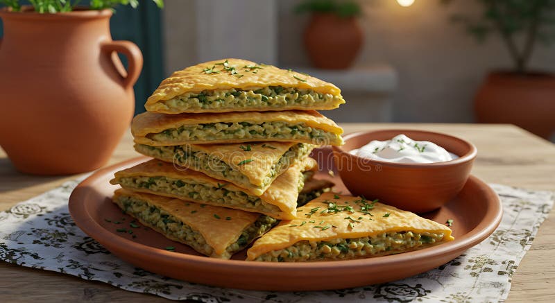 Stacked Savory Pastries with Herb Filling and Dip on Terra Cotta Stock ...