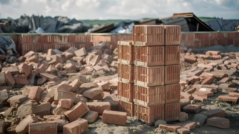 Stacked and Scattered Bricks at Construction Zone. Concept Construction ...