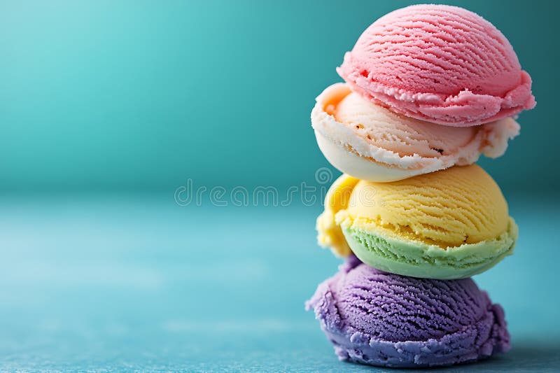 Stacked Scoops of Colorful Ice Cream on a Blue Background Stock ...