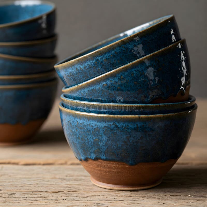 Stacked Set of Four Small Hand-painted Blue and Brown Ceramic Bowls ...