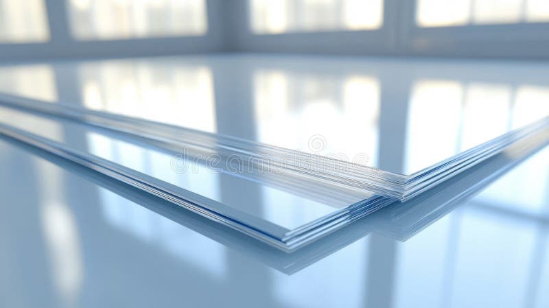Stacked Sheets of Transparent Glass on a Reflective Surface Stock ...