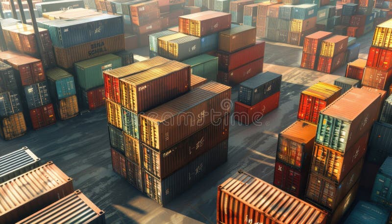 Aerial View of Stacked Shipping Containers at a Busy Freight Yard ...