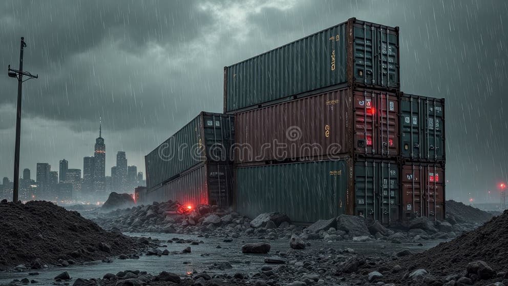 Stacked Shipping Containers in Rainstorm with City Skyline Under Dark ...