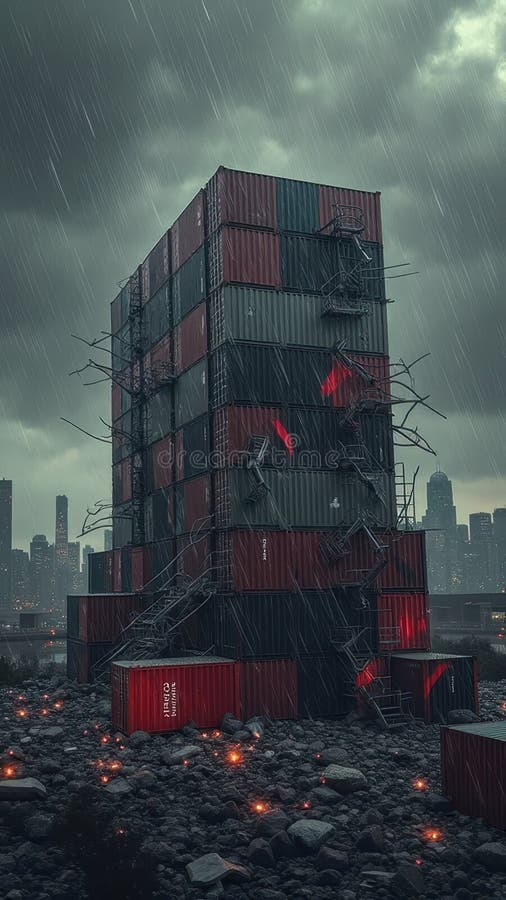 Stacked Shipping Containers in Rainy Urban Dystopian Setting Stock ...