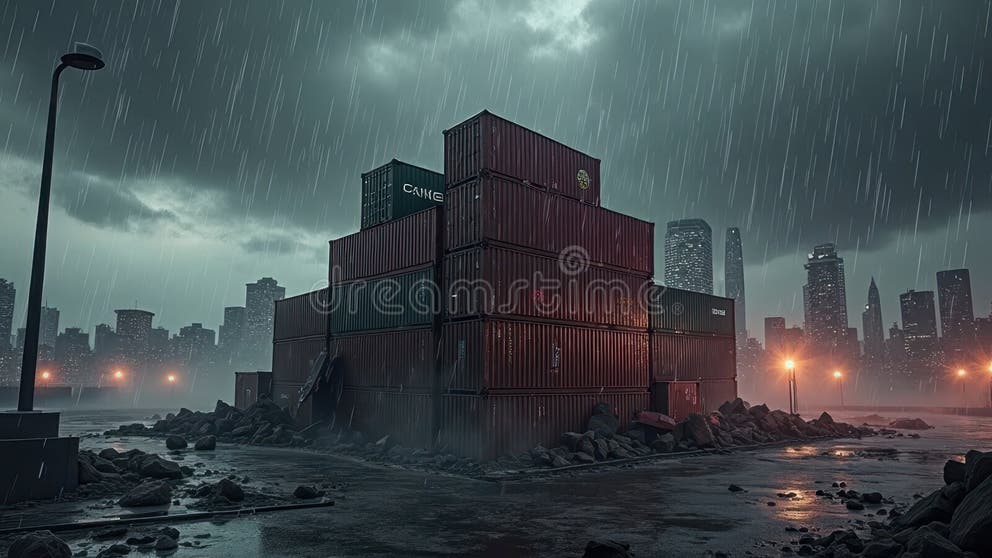 Stacked Shipping Containers in Rainy Urban Environment Stock Image ...
