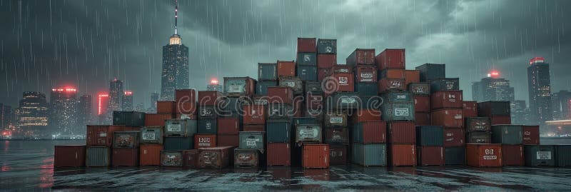 Stacked Shipping Containers Rainy Urban Harbor Evening Skyline Stock ...