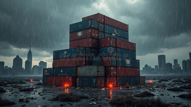 Stacked Shipping Containers Rainy Urban Landscape Dramatic Sky Stock ...