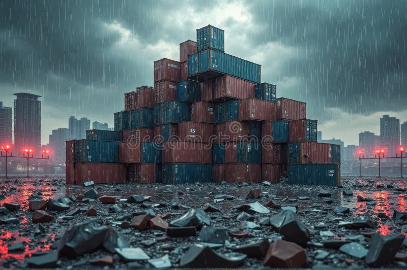 Stacked Shipping Containers in Rainy Urban Port with Dramatic ...