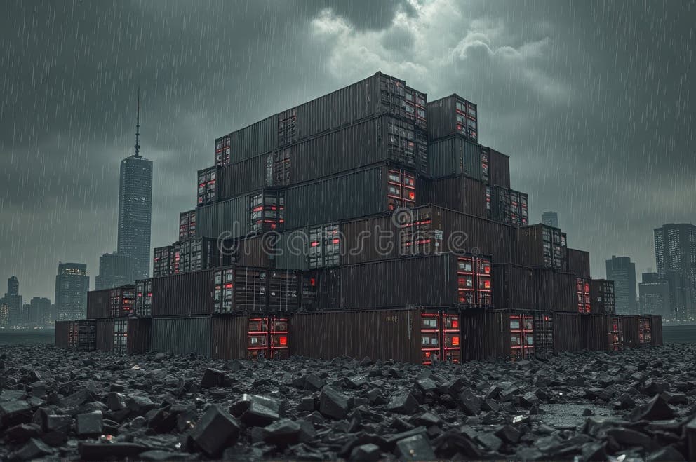Stacked Shipping Containers in Rainy Urban Skyline with Dramatic ...
