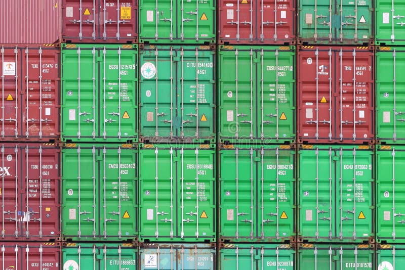 Stacked Containers in a Port on a Hughe Ship Stock Image - Image of ...