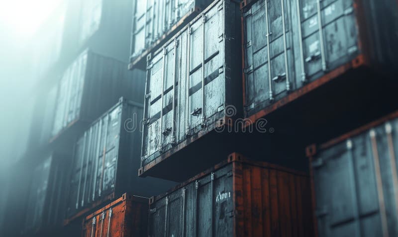 Stacked Shipping Containers with Weathered Surfaces and Misty ...