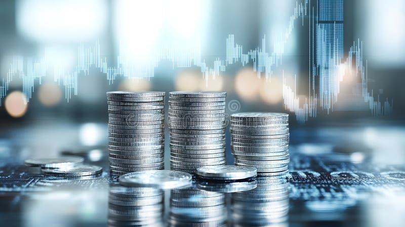 Stacked Silver Coins with Financial Data Graphs in Background ...