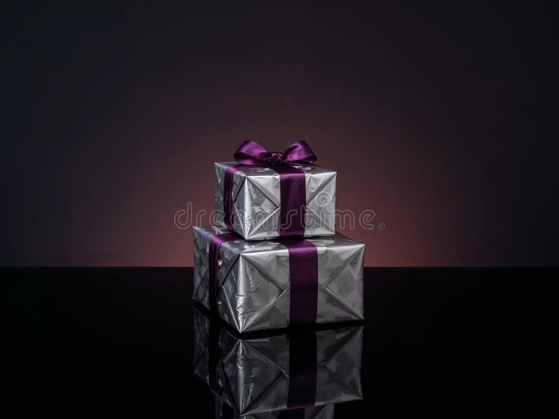 Stacked Silver Presents with Purple Ribbons, on a Reflective Black ...