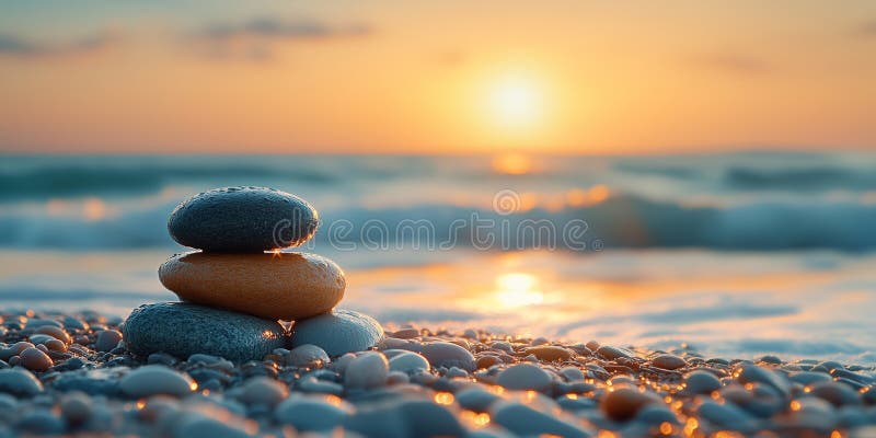 Stacked Smooth Pebbles on a Sandy Beach at Sunset with Ocean Waves in ...