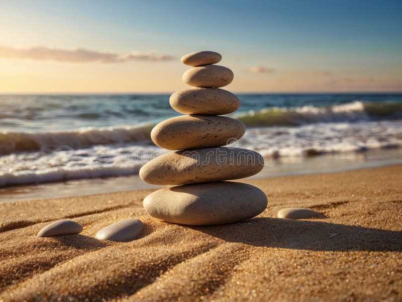 Stacked Smooth Stones on Sandy Beach at Sunset Stock Image - Image of ...