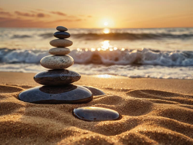 Stacked Smooth Stones on Sandy Beach at Sunset Stock Photo - Image of ...