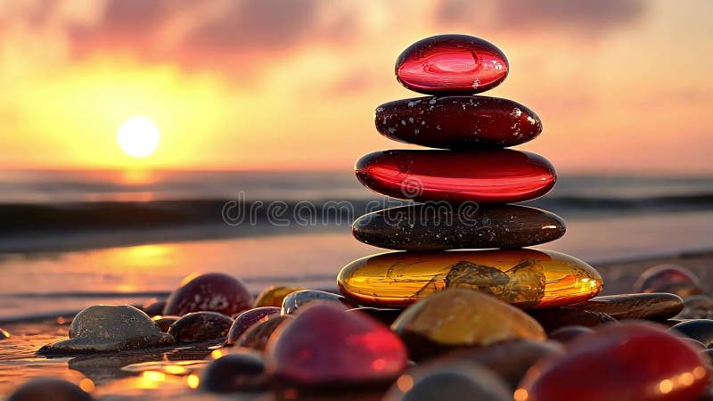 Stacked Smooth Stones at Sunset on a Beach Stock Video - Video of light ...