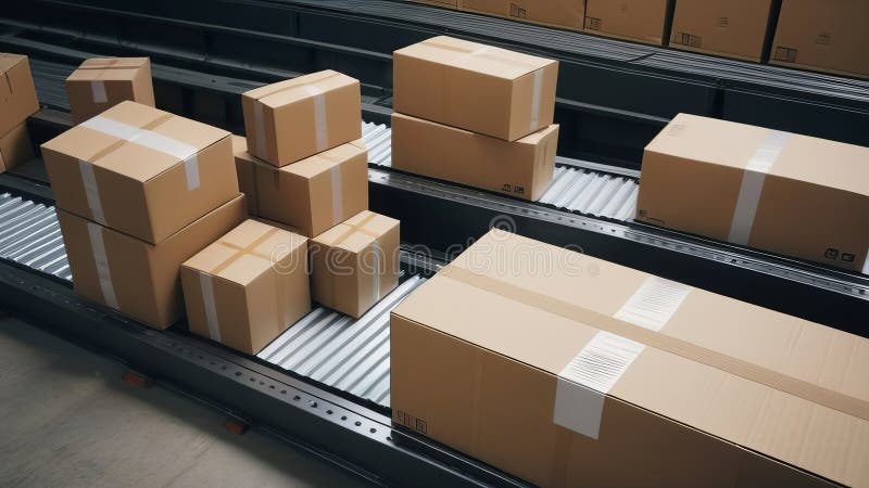 Stacked and Sorted Boxes on a Roller Conveyor in a Distribution Center ...