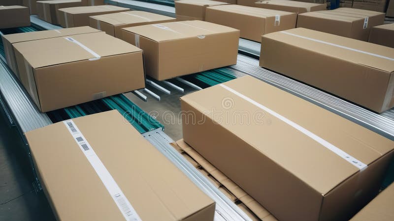 Stacked and Sorted Boxes on a Roller Conveyor Stock Photo - Image of ...