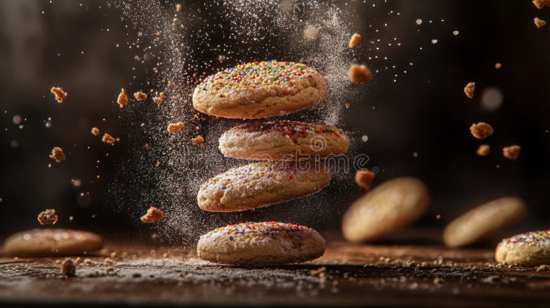 Stacked Sprinkled Cookies in Air with Sugar Dust Stock Illustration ...