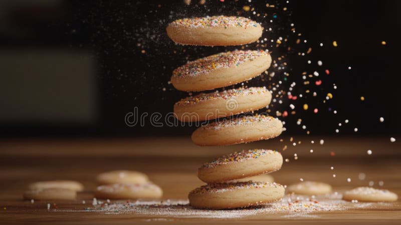 Stacked Sprinkled Cookies Falling on Wooden Table Stock Illustration ...