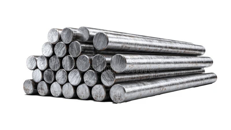 Stacked Steel Rods with Metallic Reflections, Isolated White Background ...