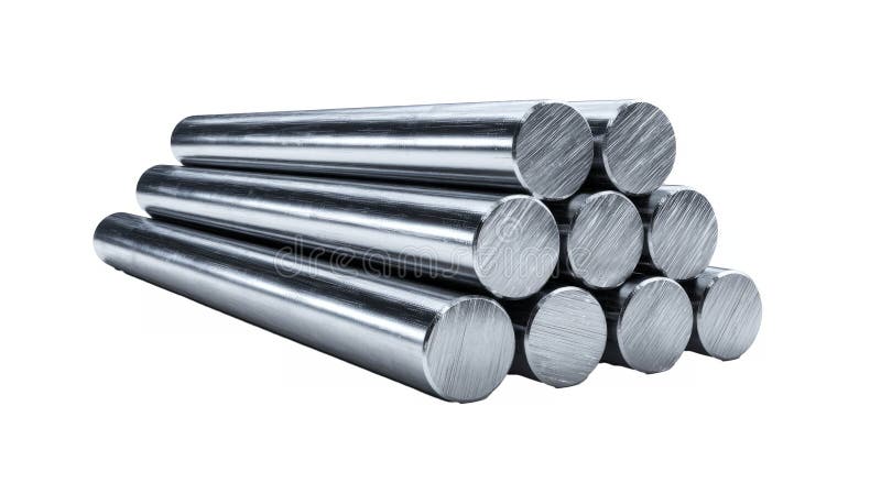 Stacked Steel Rods with Metallic Reflections, Isolated White Background ...