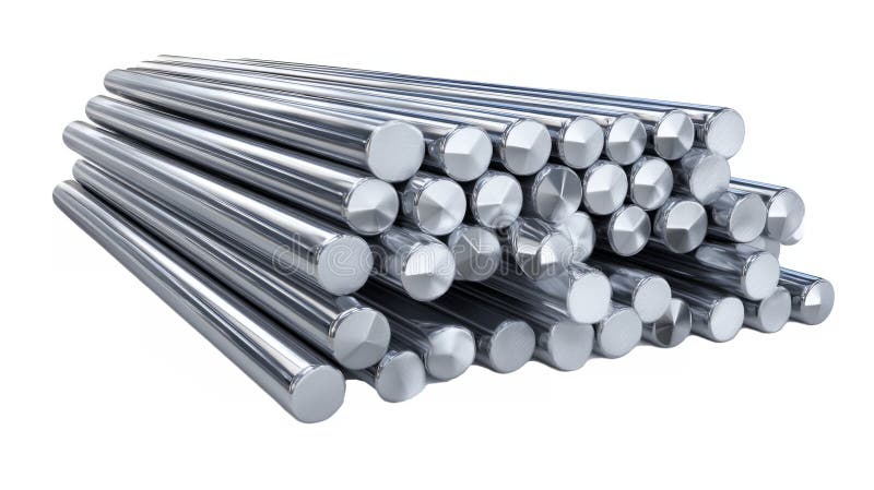 Stacked Steel Rods with Metallic Reflections, Isolated White Background ...