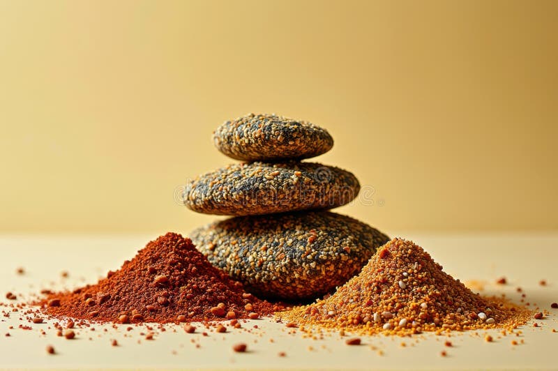 Stacked Stone Tower with Colorful Sand Piles on Beige Background Stock ...